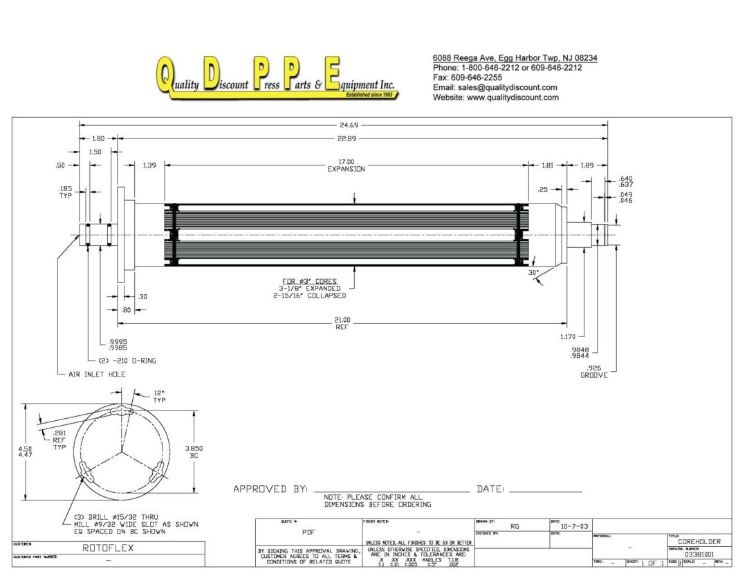 3″ AIR COREHOLDER FOR ROTOFLEX SLITTER REWINDER WITH OUT BOARD SUPPORT ...